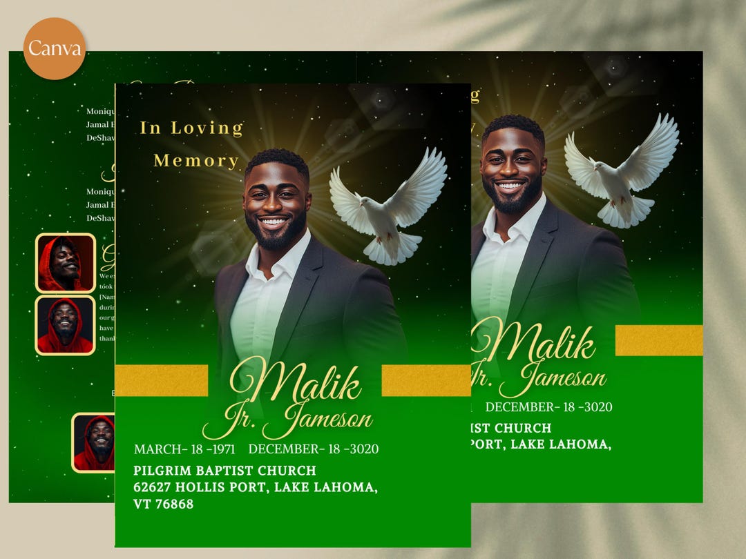 Elegant 8-page Green & Gold Memorial Magazine Template | Editable Canva ...