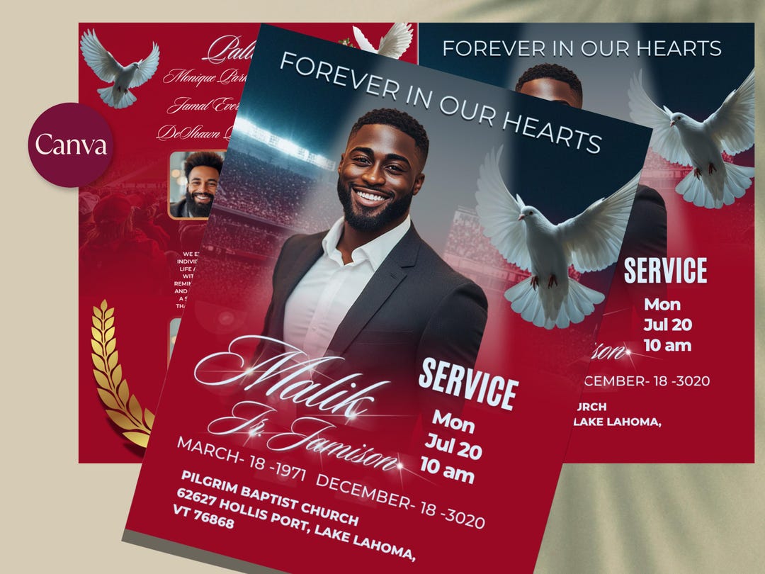 Red & Gold Football Funeral Program: 4-page Memorial Tribute (canva ...