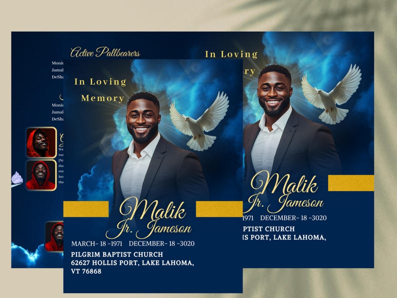 Royal Blue & Gold Funeral Program Template: Elegant Obituary (canva ...