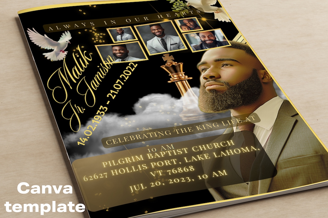 Elegant Black and Gold Obituary Program Template: 8-page Memorial ...