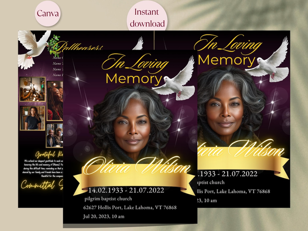 BLACK , GOLD and Burgundy OBITUARY Template 4 Pages 8.5"x11 : Woman ...