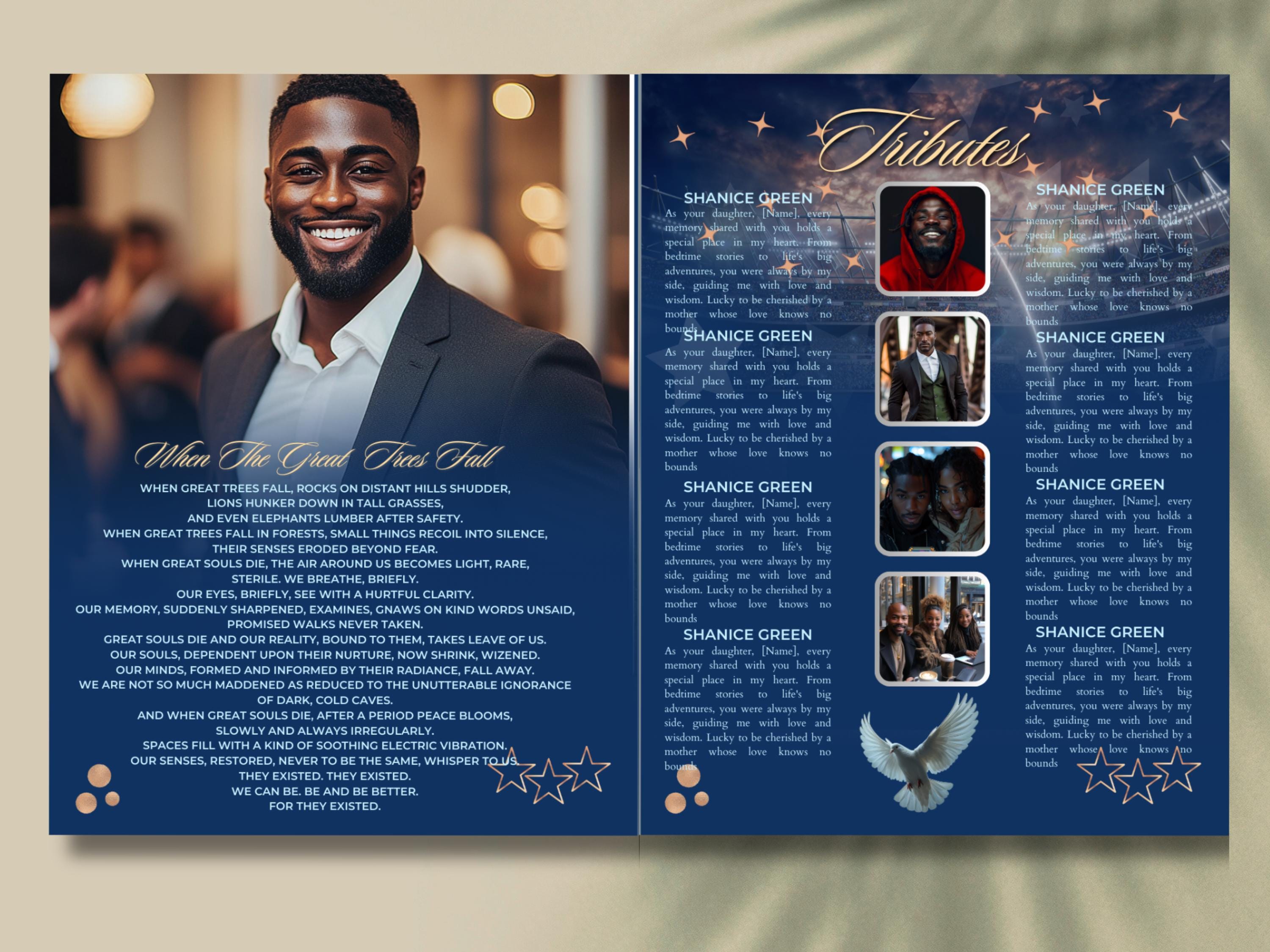 Blue & Gold Football Funeral Program Template (canva, 8 Pages) - Etsy