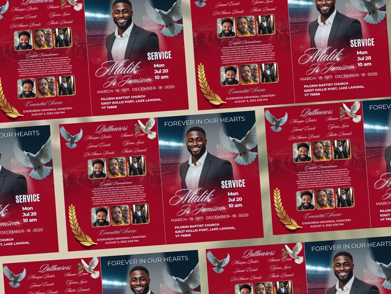 Red & Gold Football Funeral Program: 4-page Memorial Tribute (canva ...