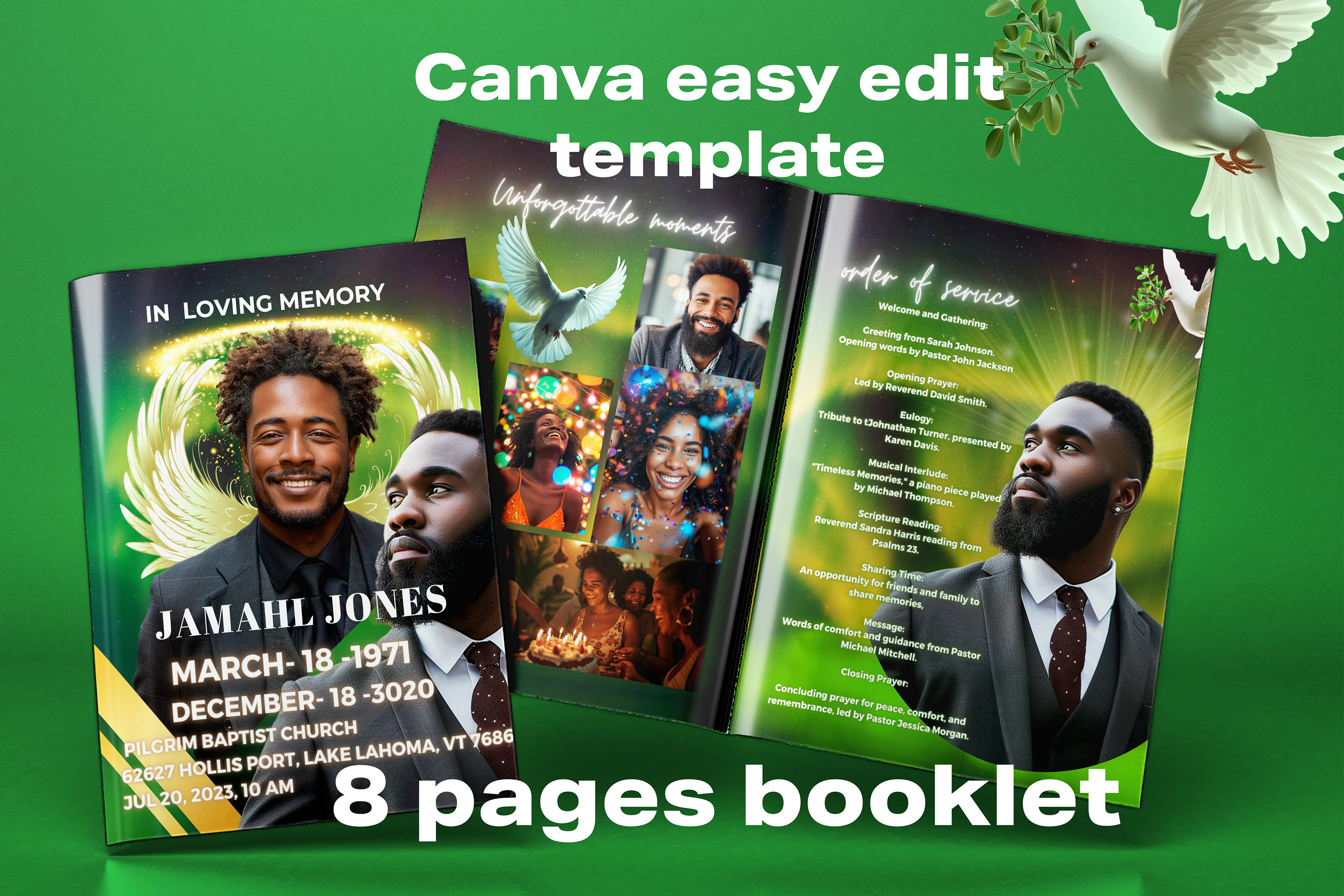 Funeral Program 8 Pages Green 8.5x11:/ Obituary Template / Magazine ...