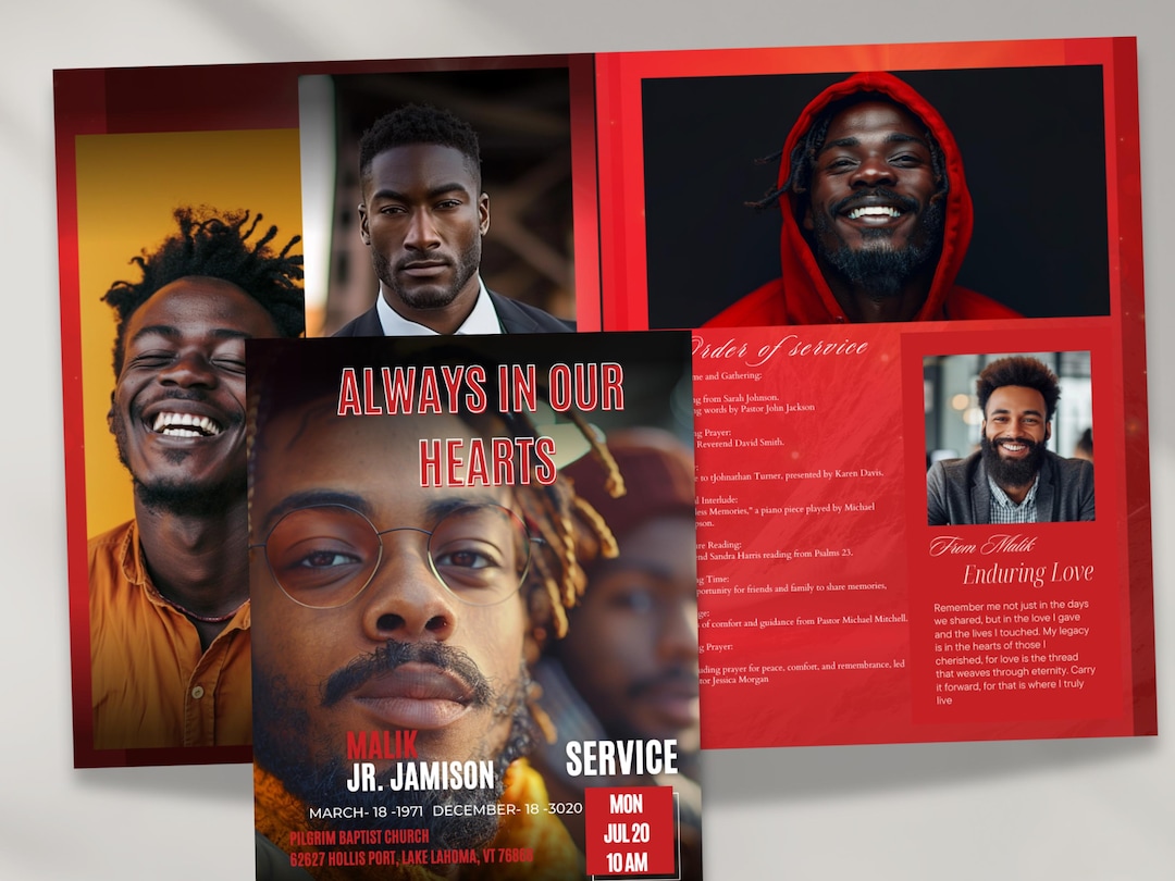 RED OBITUARY MAN Template 8 Pages 8.5x11 Funeral Program Celebration of ...