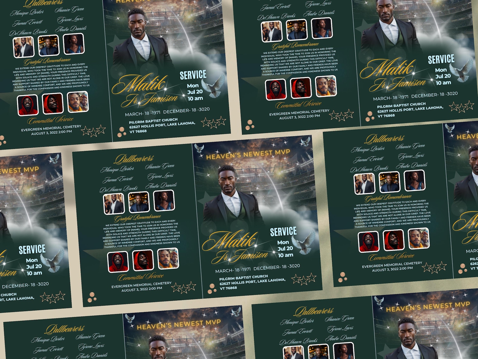 8.5"x11"green & GOLD Memorial Program |sparkling Football-themed ...