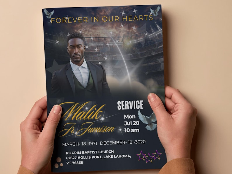 Football Funeral Program Template: Black, Gold & Red (canva Template ...