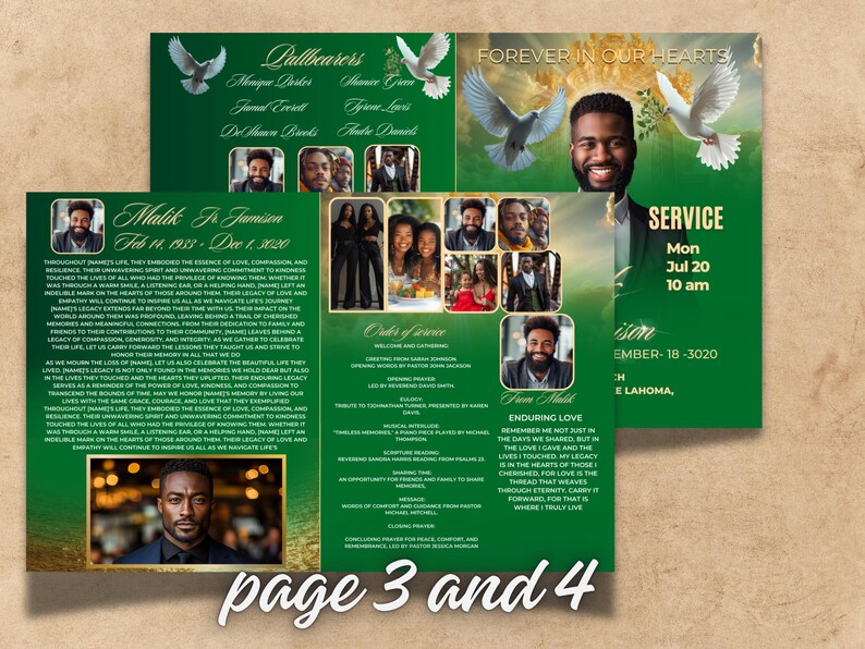 Green & Gold Funeral Program Template: Elegant Obituary (canva Editable ...