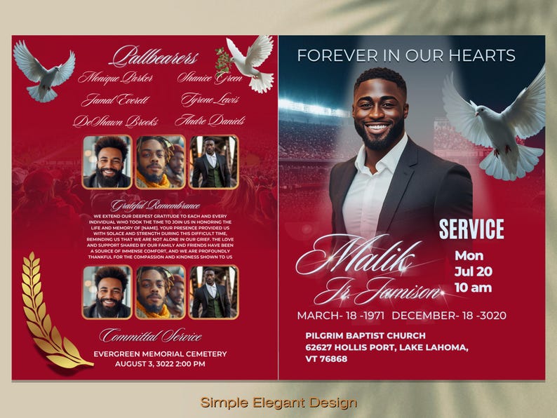 Red & Gold Football Funeral Program: 4-page Memorial Tribute (canva ...