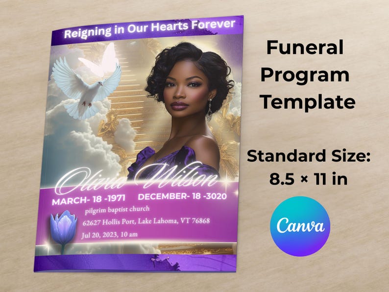Purple Heaven Funeral Program Template Editable Obituary Program Canva ...