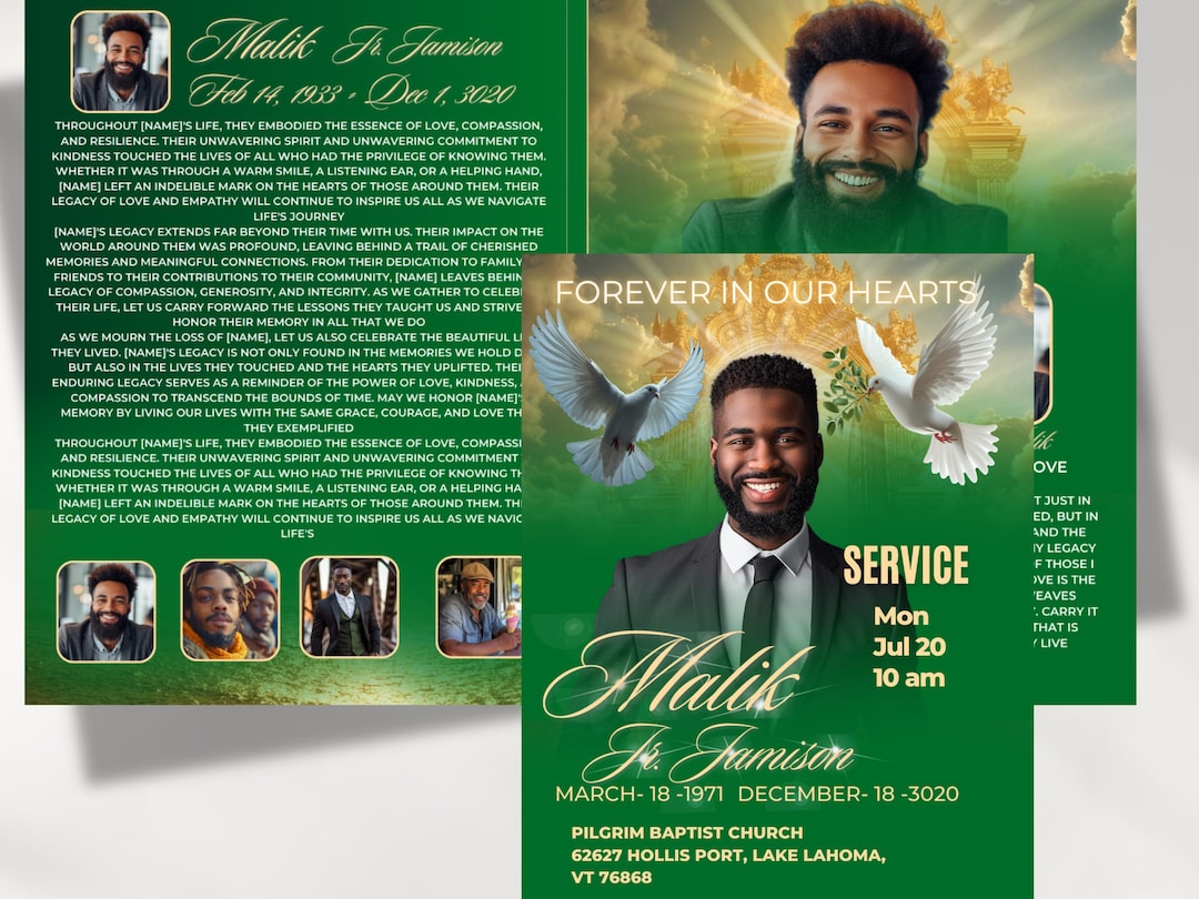 Green & Gold Funeral Program Template: Elegant Obituary (canva Editable ...