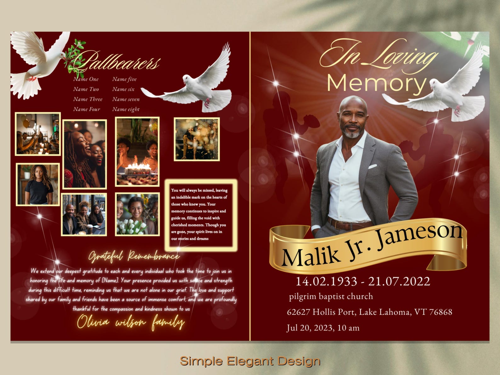 Maroon & Gold Obituary Template: 4-page Memorial Program (canva) - Etsy