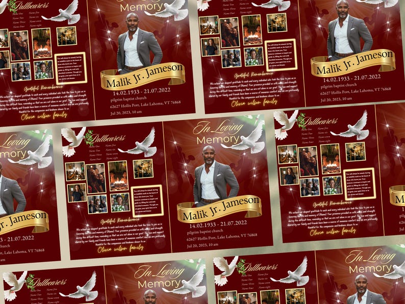 Maroon & Gold Obituary Template: 4-page Memorial Program (canva) - Etsy