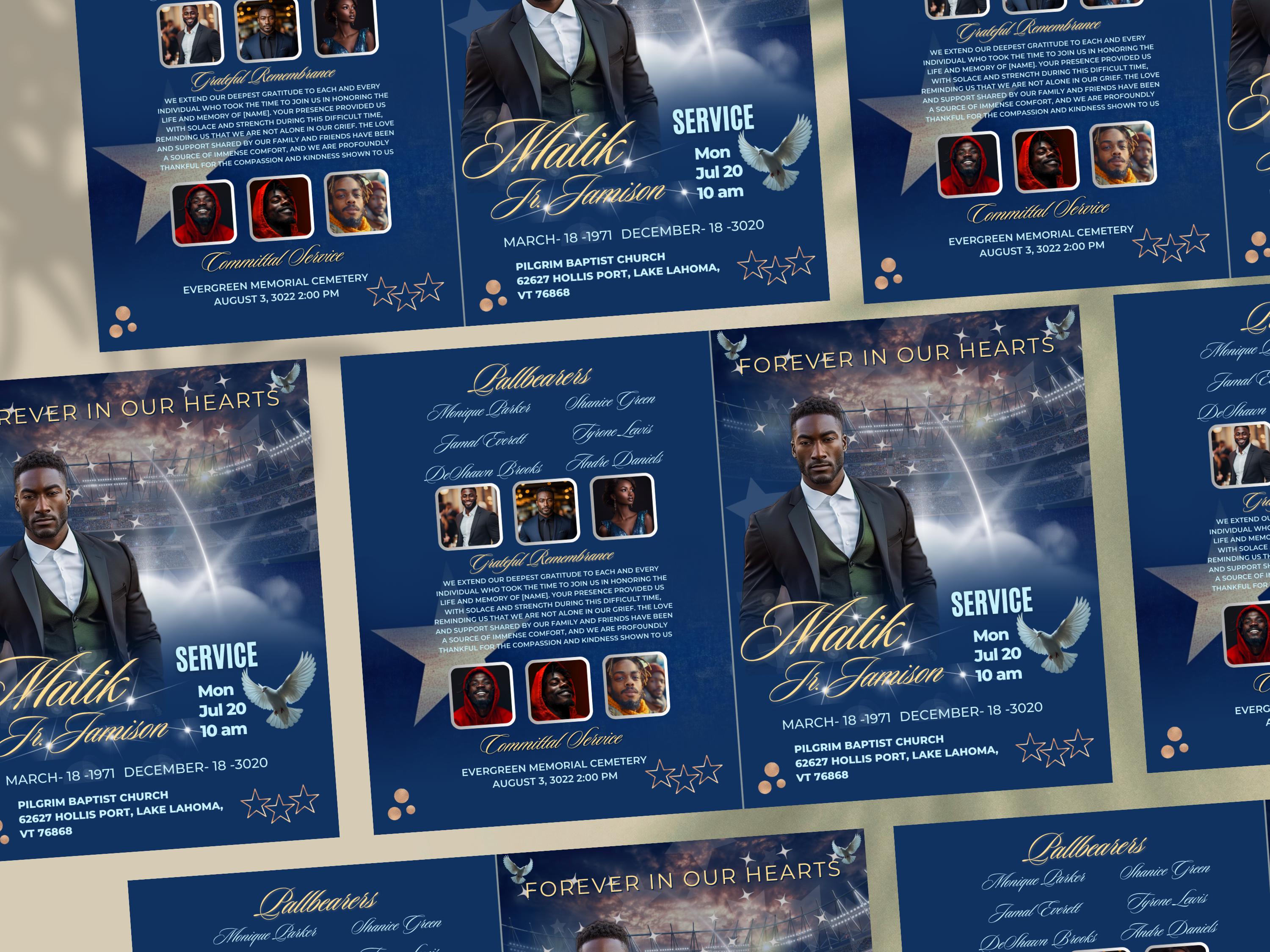 Blue & Gold Football Funeral Program Template (canva, 8 Pages) - Etsy