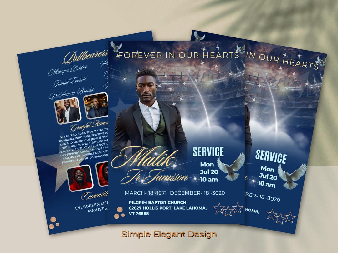 Blue & Gold Football Funeral Program Template (canva, 8 Pages) - Etsy