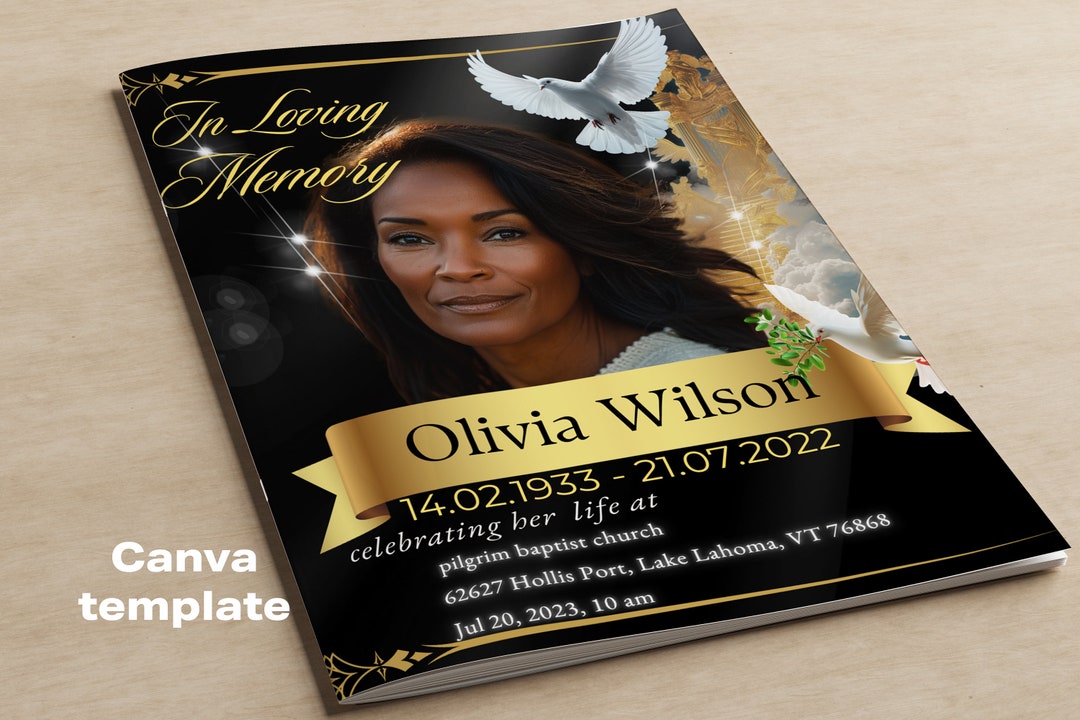 Black & Gold Funeral Program Template: Celebration of Life (canva, 8 ...