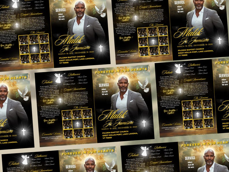Black & Gold Obituary Template: 4-page Funeral Program (8.5x11) - Etsy