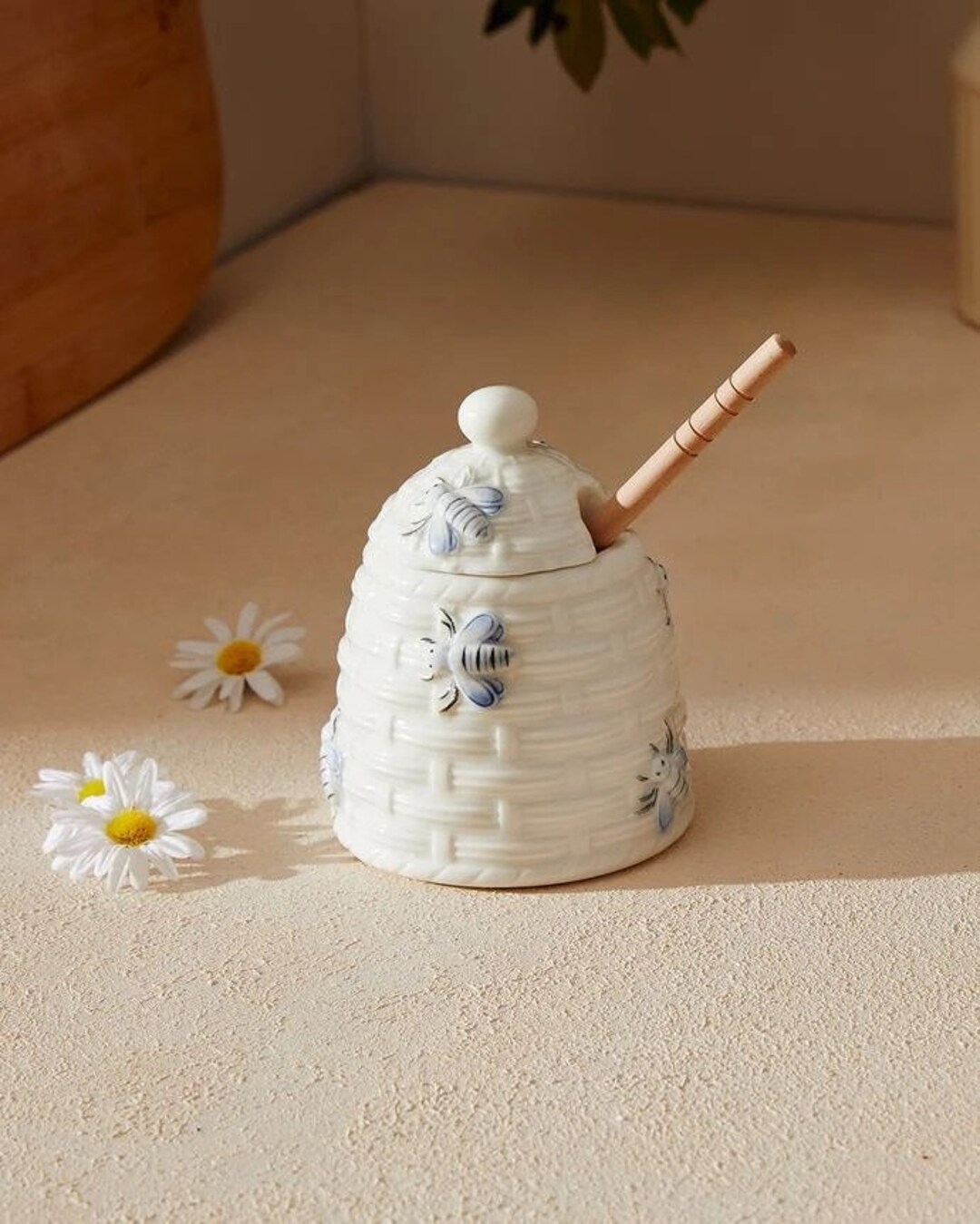 Porcelain Honey Jar, Ceramic Honey Jar With Wooden Ladle and Lid, Small ...