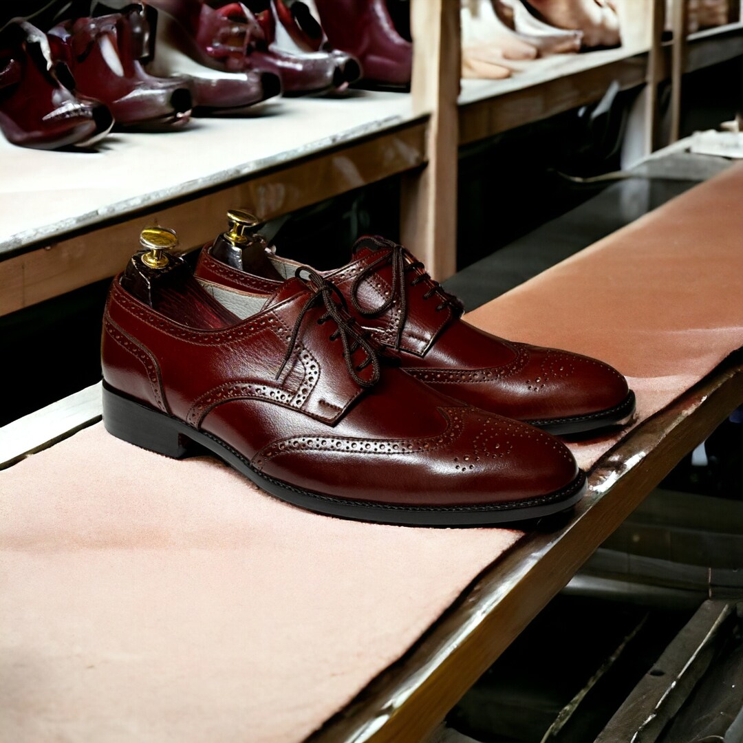 Handmade Men's Ox Blood Colour Leather Wing Tip Brogue Dress Lace up ...