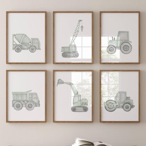 Green Construction Vehicle Print Set Boys Room Decor Transport Poster ...