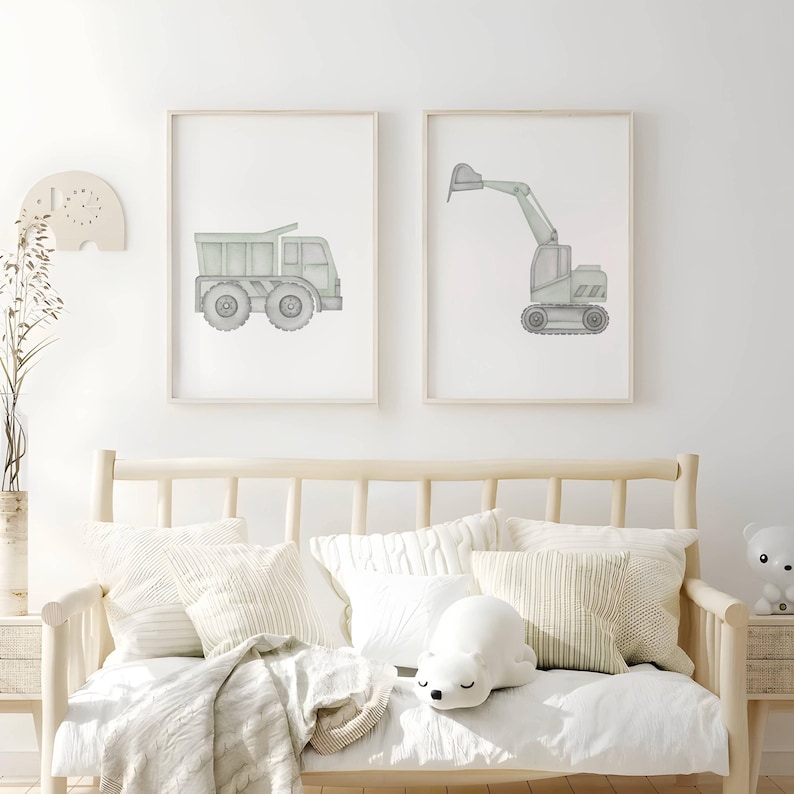 Green Construction Vehicle Print Set Boys Room Decor Transport Poster ...