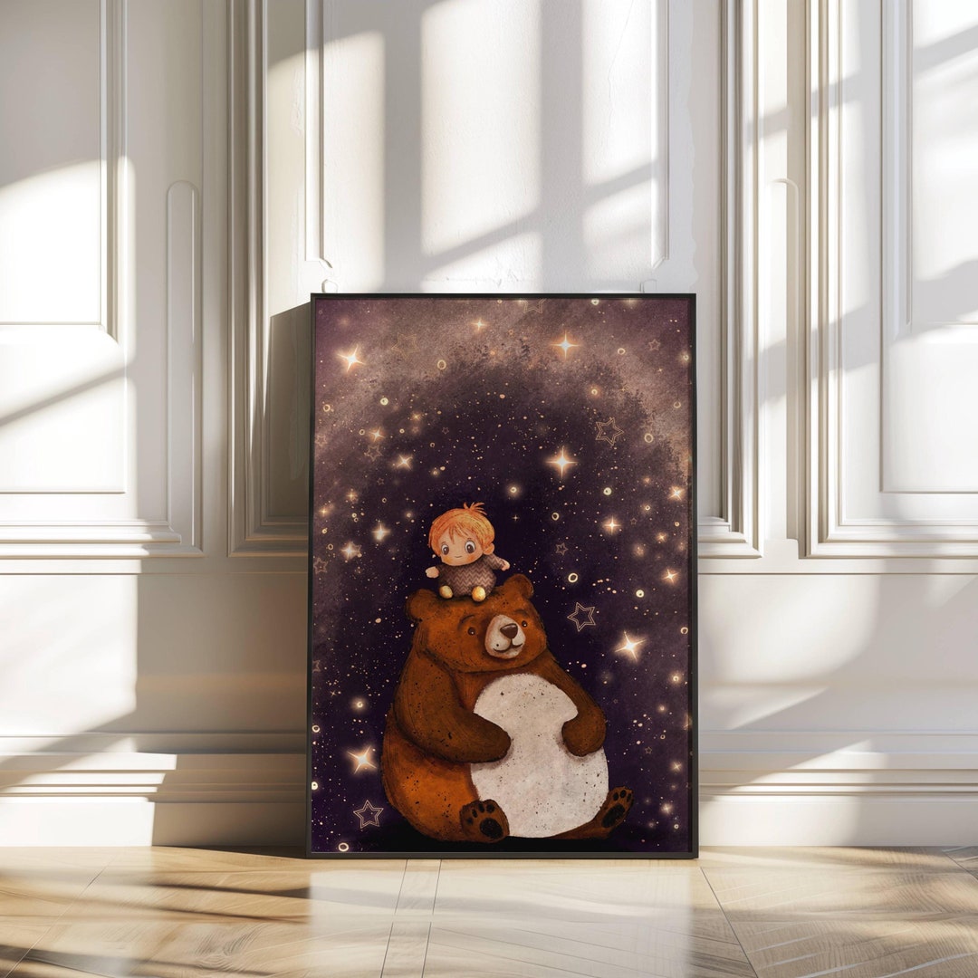 Magical Bear & Child Night Sky Art Print- Dreamy Nursery Print - Etsy