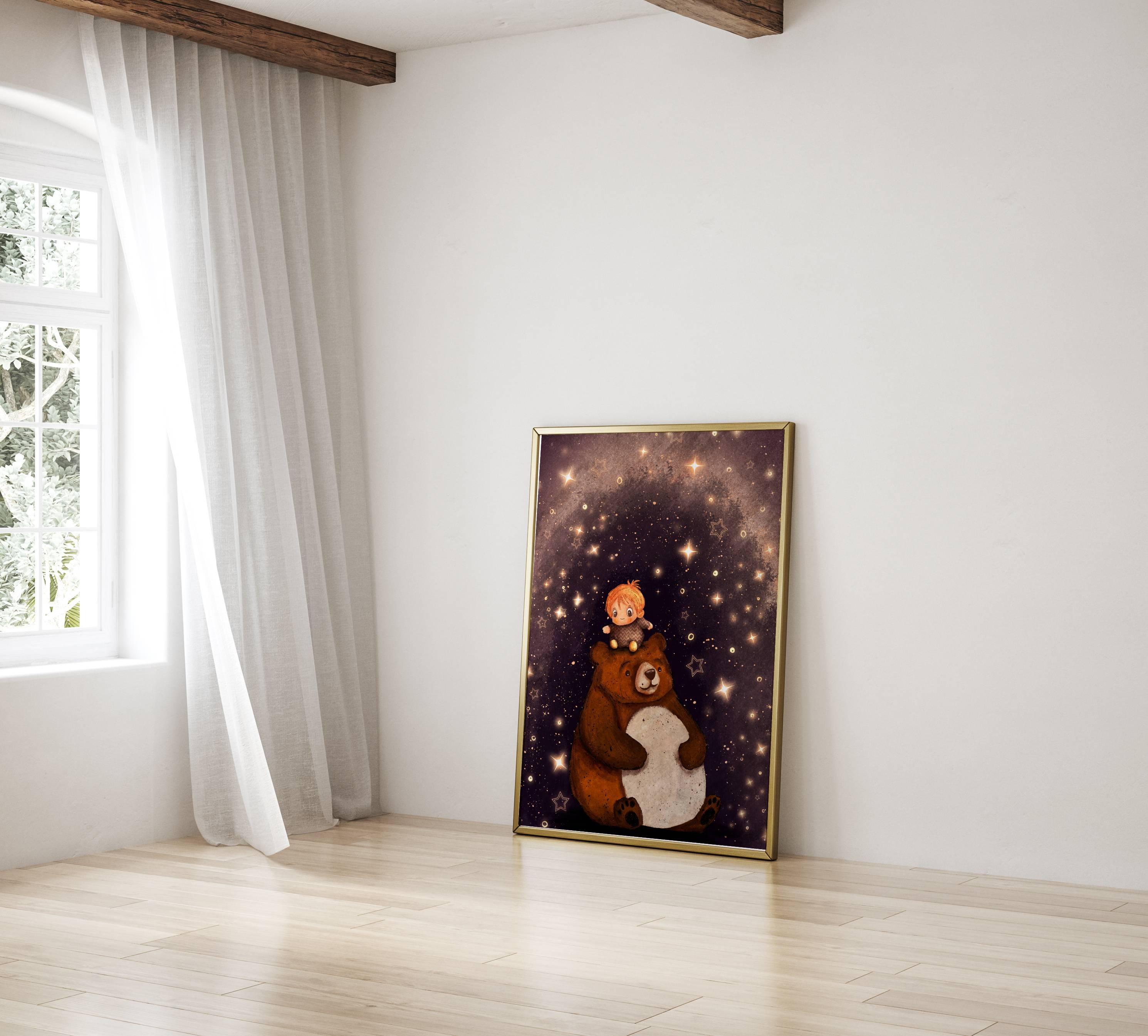 Magical Bear & Child Night Sky Art Print- Dreamy Nursery Print - Etsy