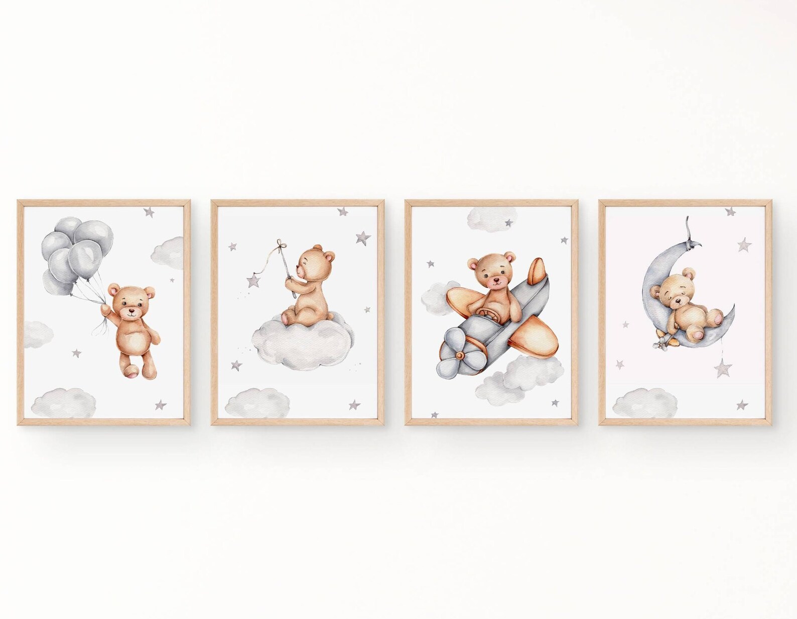 Set of 4 Teddy Bear Print, Baby Boy Print, Grey Nursery Poster, Balloon ...