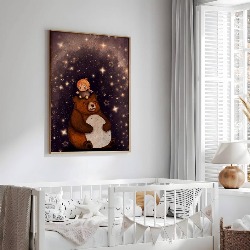 Magical Bear & Child Night Sky Art Print- Dreamy Nursery Print - Etsy