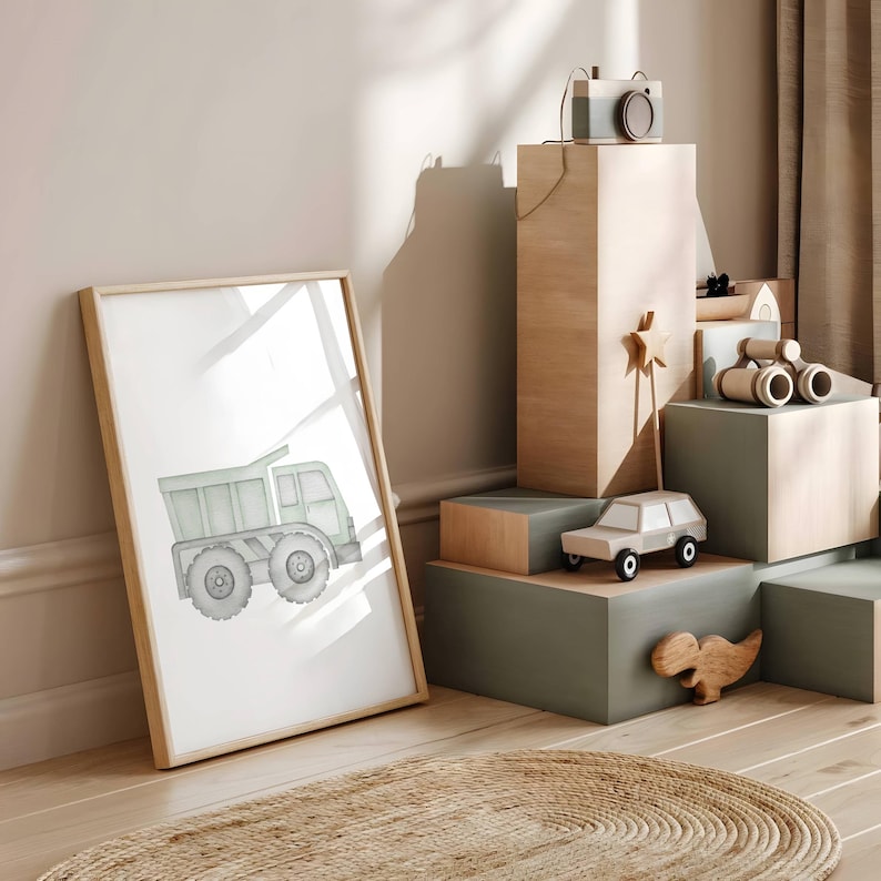 Green Construction Vehicle Print Set Boys Room Decor Transport Poster ...