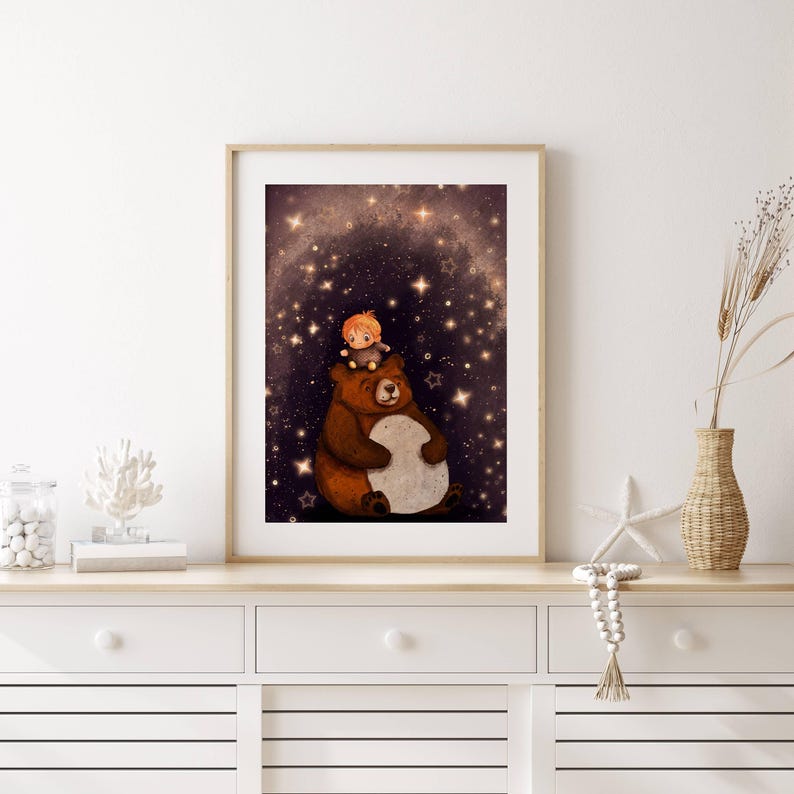 Magical Bear & Child Night Sky Art Print- Dreamy Nursery Print - Etsy