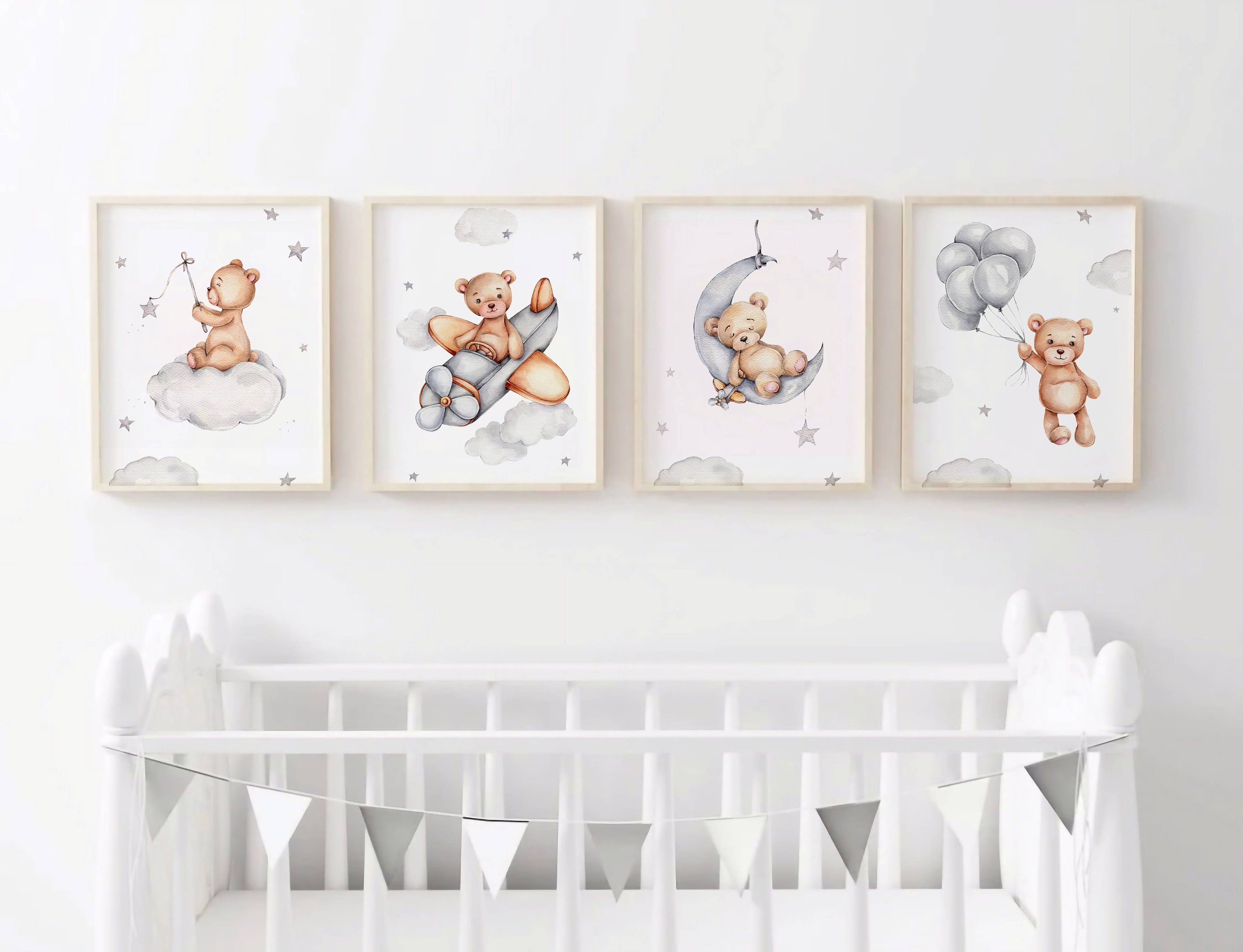 Set of 4 Teddy Bear Print, Baby Boy Print, Grey Nursery Poster, Balloon ...