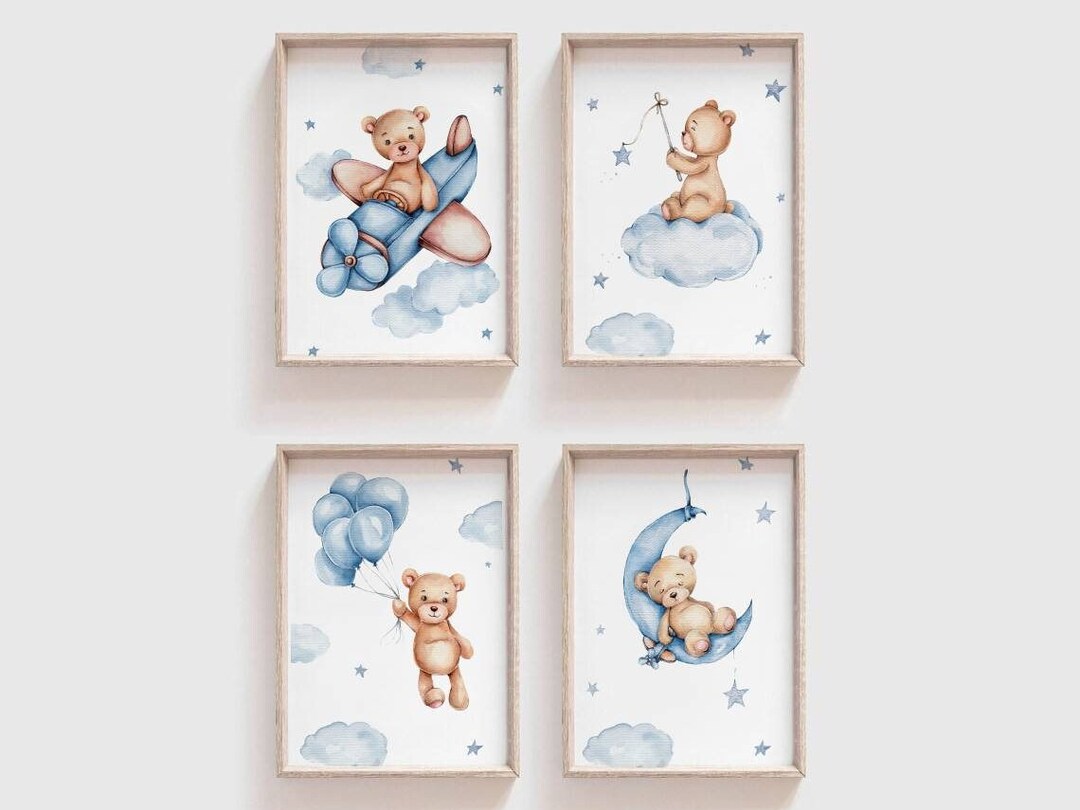 Set of 4 Teddy Bear Print, Baby Boy Print, Blue Nursery Poster, Balloon ...