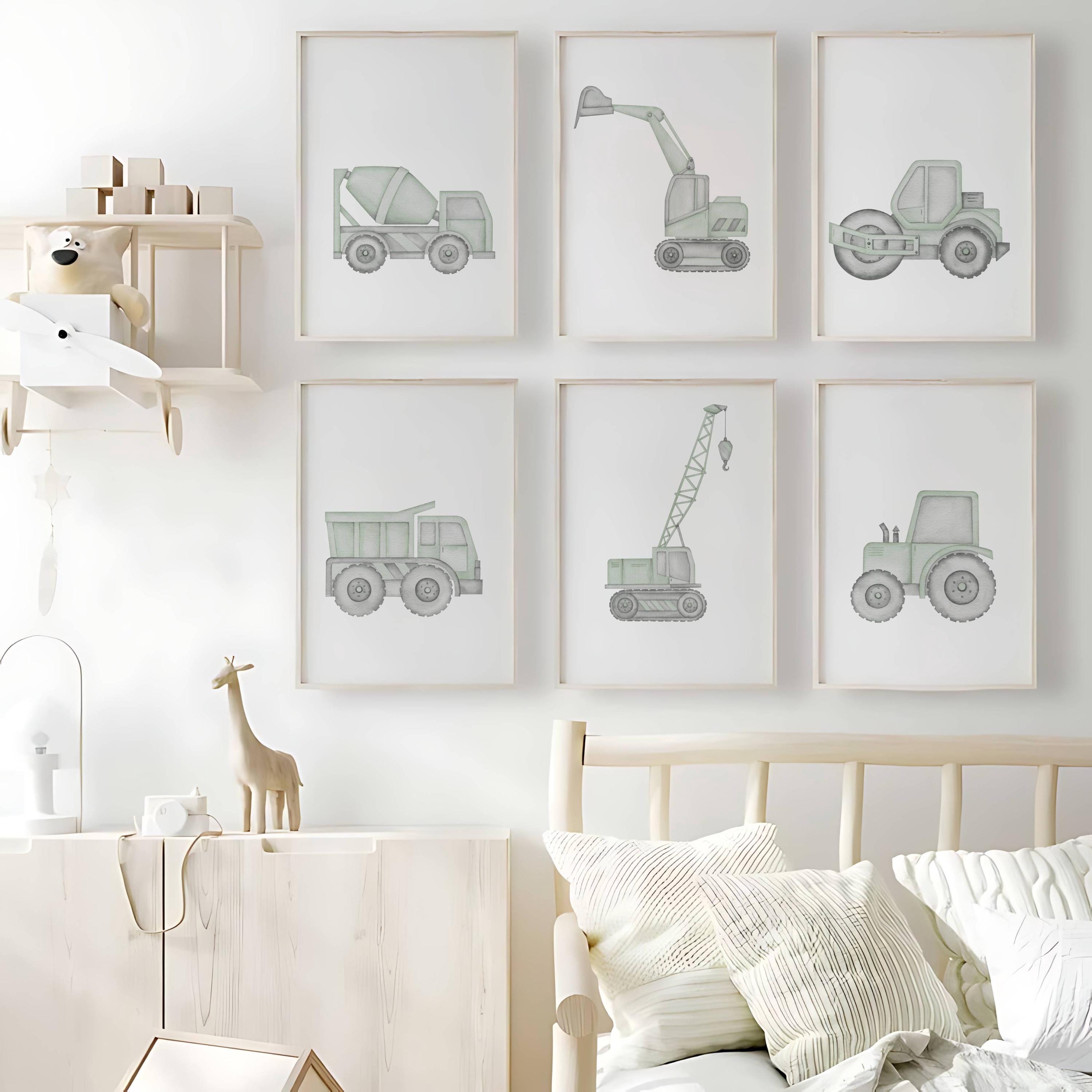 Green Construction Vehicle Print Set Boys Room Decor Transport Poster ...