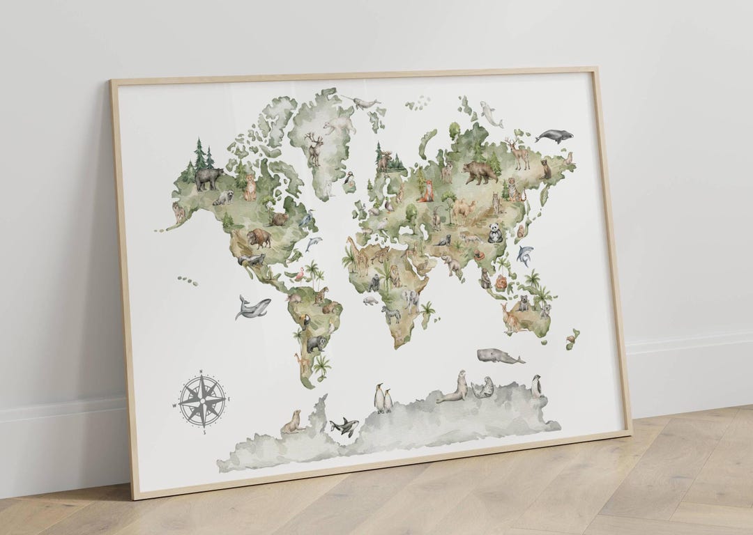 Watercolor World Map With Animals - Nursery Wall Art - World Map Wall ...