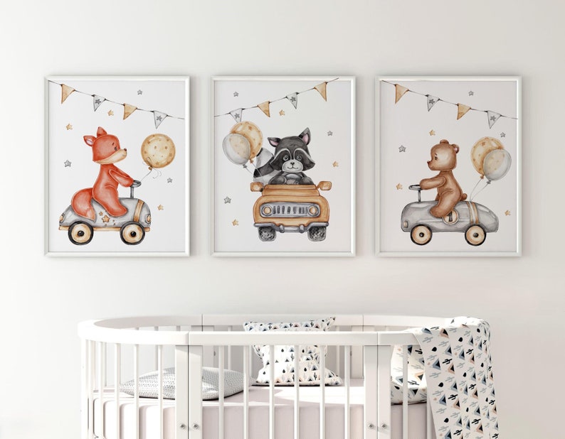 Watercolor Animals in Cars Nursery Prints, Set of 3 (digital Download ...