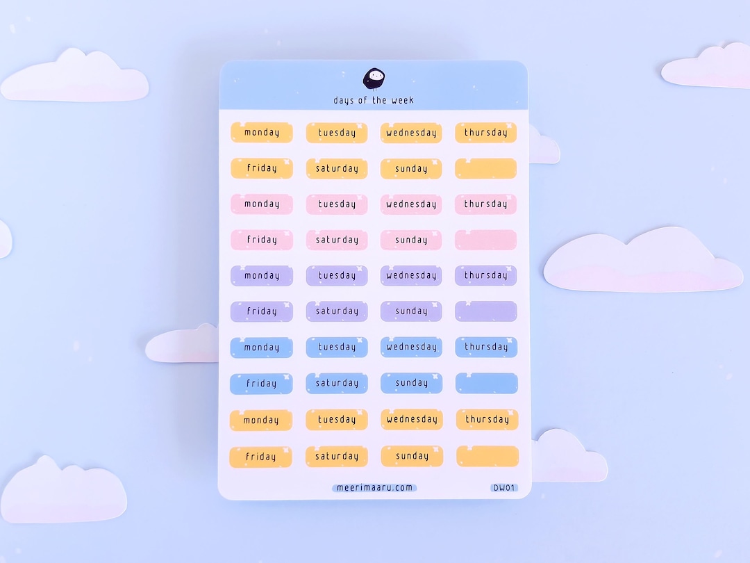 Days of the Week Sticker Sheet, Colorful Weekday Planner Stickers ...