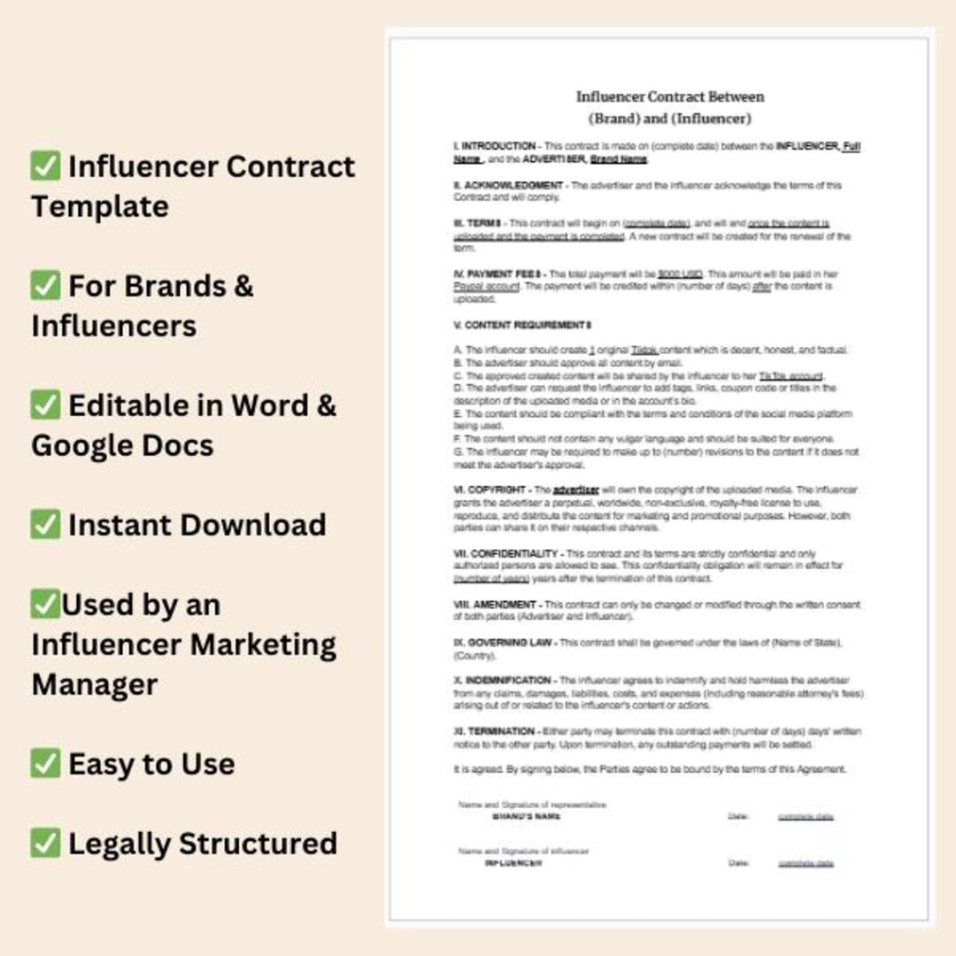 Editable Influencer Contract Template Brand & Influencer Agreement ...