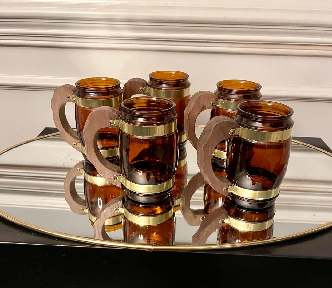 Vintage 6pc Set Siesta Ware Amber Glass Mugs With Brass Rings and ...