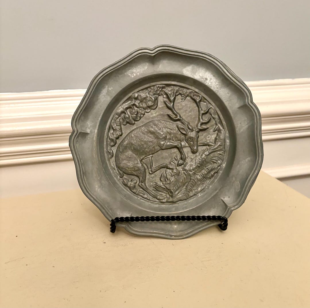Vintage Pewter Decor Plate Stag Elk Plate Wall Hanging Catchall Dish ...