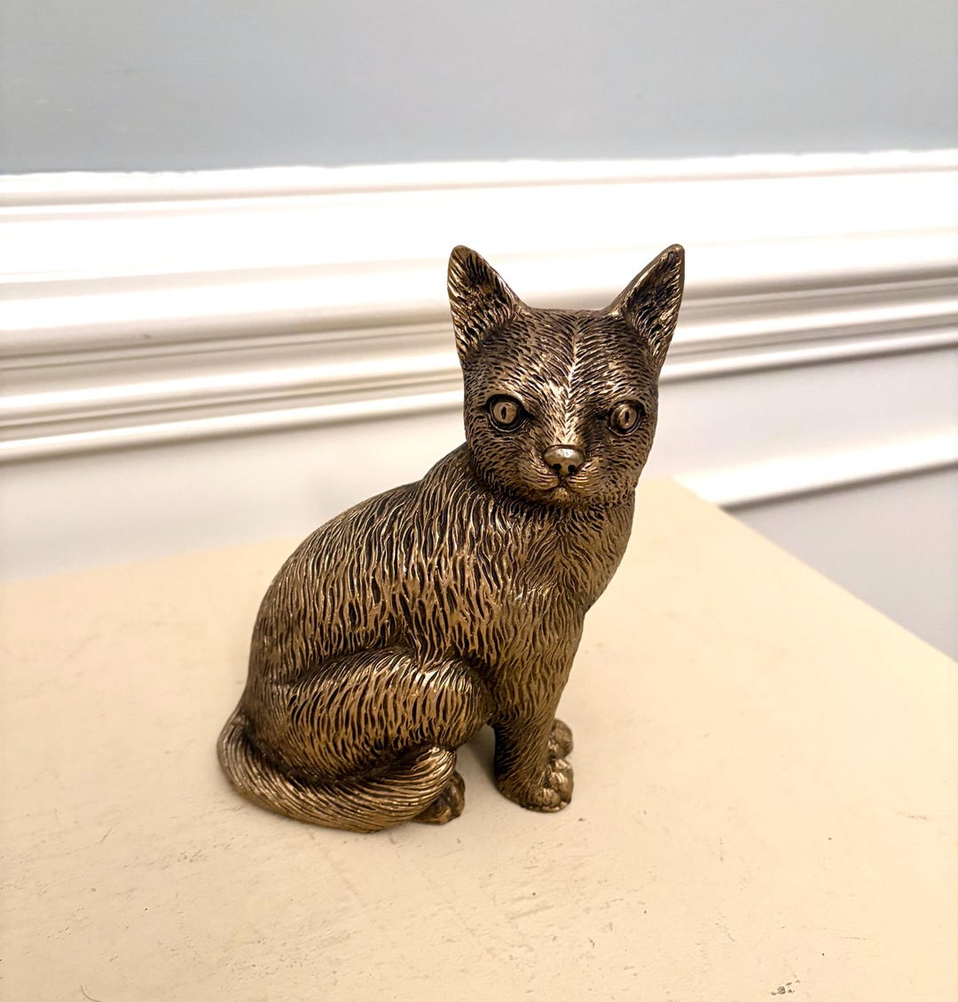 Embossed Brass-toned Resin Cat Figurine, 6" Feline Statue Cat Lovers ...