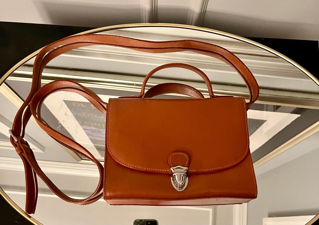 RARE! Vintage Perry Ellis Leather Crossbody Bag Cognac Brown Top Handle ...