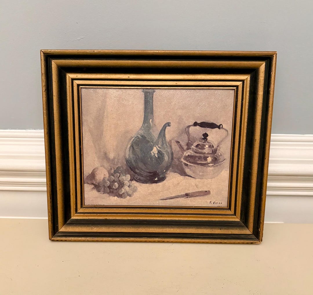 Vintage Framed Still Life Lithograph by R. Colao: Kettle and Fruit ...