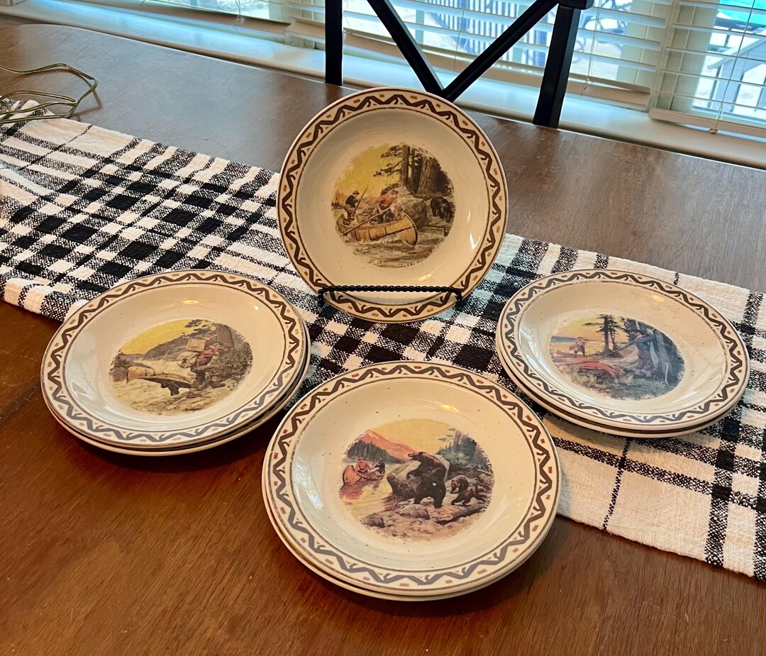 RARE! 4pc Se 4 J.Q. Oudoors River's Edge Salad Plates. Rustic Lake ...