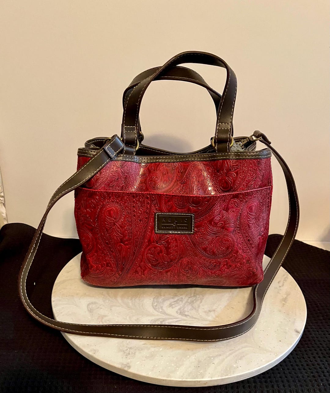 Vintage RELIC by Fossil Handbag. Red Paisely Embossed Pattern Satchel ...