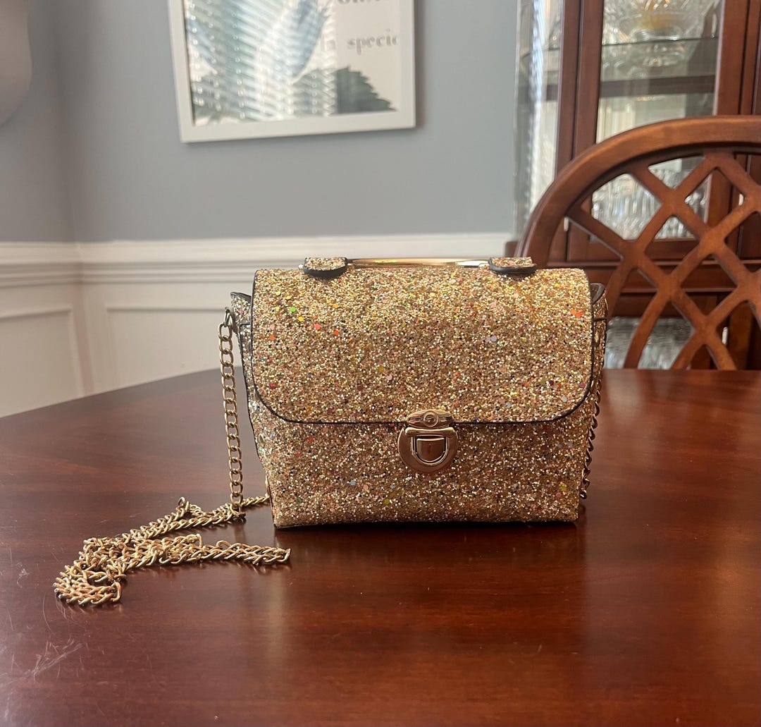 Gold Sequined Top Handle Evening Bag With Chain and Metal Handle. Gold ...