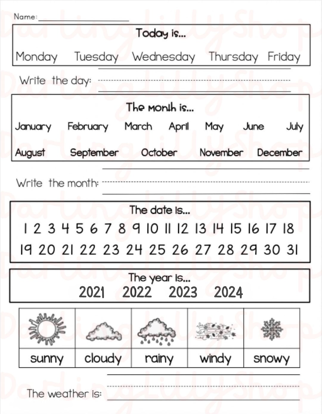 Today Is Worksheet - Etsy