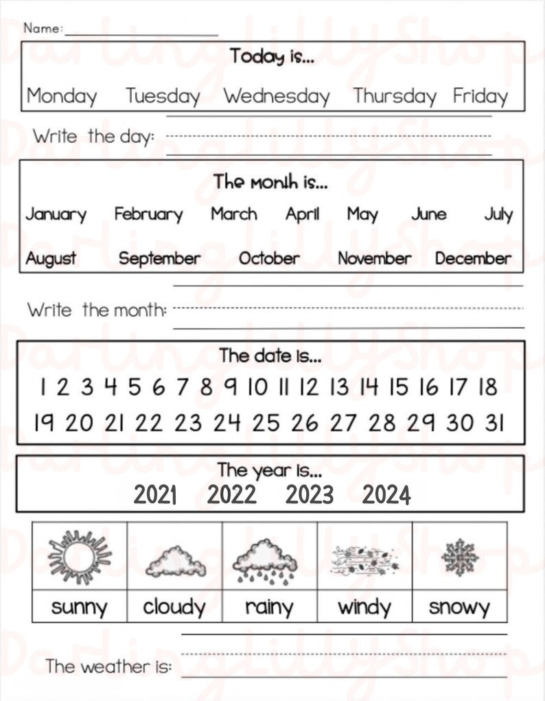 Today Is Worksheet - Etsy