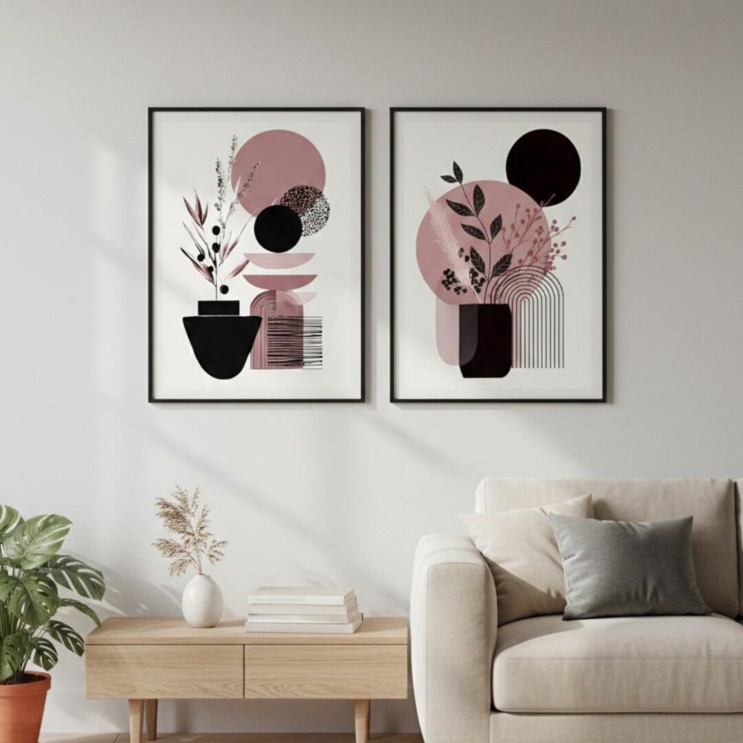 Boho Botanical Prints Set: Dusty Pink & Black Minimalist Wall Art, Set ...