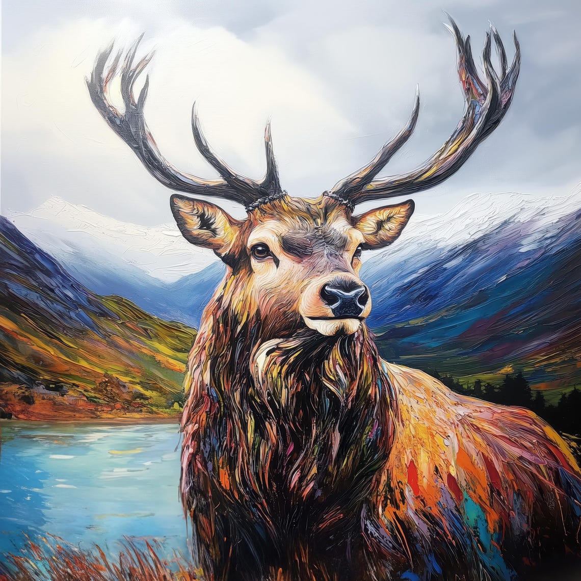 Colourful Stag in Scottish Hills Canvas Print Modern Animal Art for ...